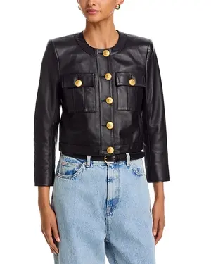 L'Agence Deidra Leather Collarless Jacket - Black