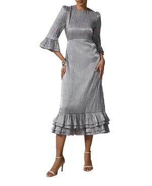 Mint Velvet Metallic Ruffle Sleeve Midi Dress - Silver