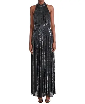 TEMPERLEY LONDON Filigree Sequin Halterneck Maxi Dress - Black