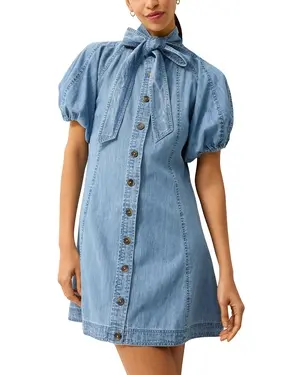 MARIE OLIVER Esther Denim Dress With Puff Sleeves