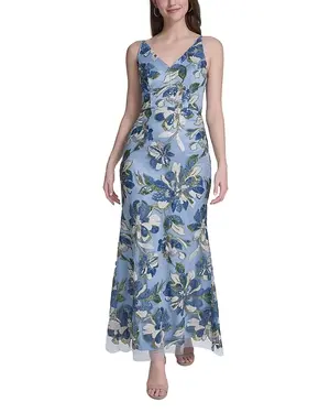Eliza J Printed V Neck Mermaid Gown - Blue Multi