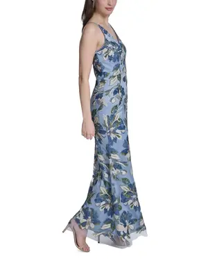 Eliza J V-neck Mermaid Gown With Floral Print And Embellishments