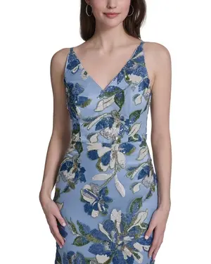 Eliza J V-neck Mermaid Gown With Floral Print And Embellishments