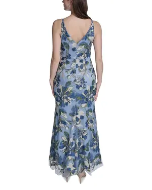 Eliza J V-neck Mermaid Gown With Floral Print And Embellishments