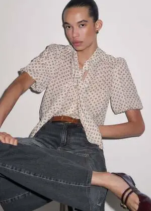ME+EM Printed Silk Cotton Blouse With Tie Detail - Light Cream Multi