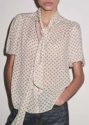 ME+EM Printed Silk Cotton Blouse With Tie Detail