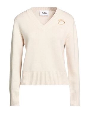 Alpha Studio ALPHA STUDIO Merino Wool V-Neck Sweater With Brooch Detail Beige