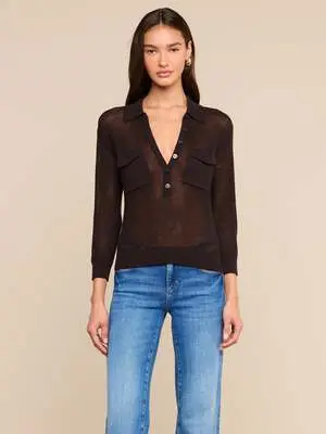 L'Agence Carine Pointelle Knit Polo With Utility Pockets - Coffee Bean