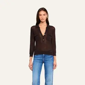 L'Agence Carine Pointelle Knit Polo With Utility Pockets - Coffee Bean