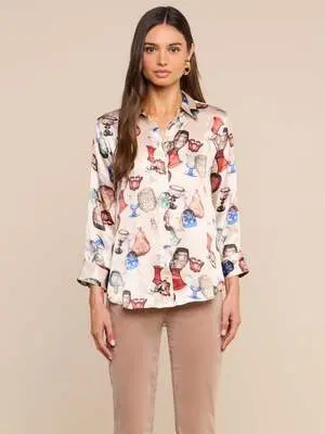 L'Agence Dani Silk Blouse With Vintage Glassware Print And 3/4 Sleeves - Ecru Multi Glassware