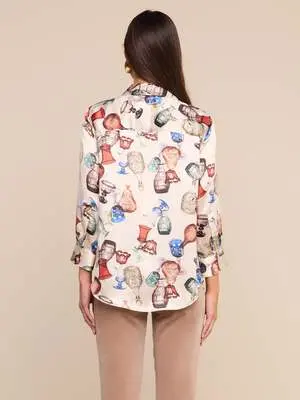 L'Agence Dani Silk Blouse With Vintage Glassware Print And 3/4 Sleeves
