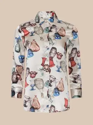 L'Agence Dani Silk Blouse With Vintage Glassware Print And 3/4 Sleeves