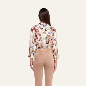 L'Agence Dani Silk Blouse With Vintage Glassware Print And 3/4 Sleeves - Ecru Multi Glassware
