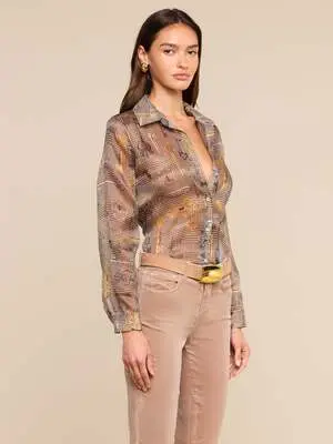 L'Agence Nina Silk Blouse Top In Houndstooth And Key Print