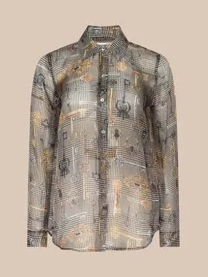 L'Agence Nina Silk Blouse Top In Houndstooth And Key Print
