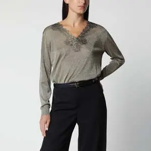Valentino Garavani Viscose-blend Lace Trim V-neck Sweater - Metal