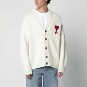 AMI Paris Virgin Wool De Coeur Cardigan - White