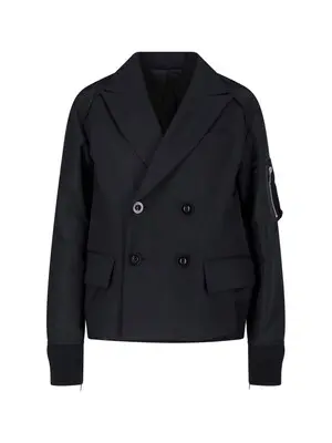 Sacai Double-breasted Twill Blazer With Zipper Accents - Black