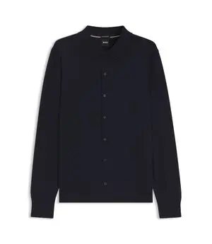 BOSS Virgin Wool Cardigan With Polo Collar - Dark Blue