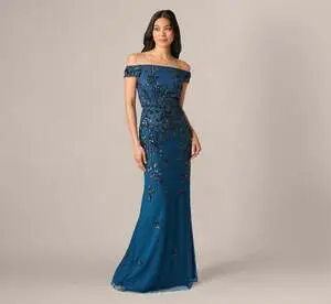 Adrianna Papell Off Shoulder Floral Beaded Stretch Crepe Mermaid Gown - Deep Blue