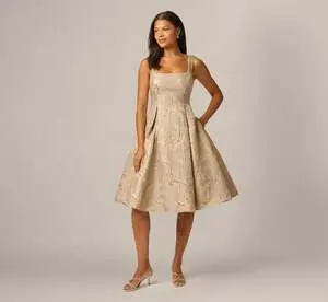 Adrianna Papell Beaded Square Neck Metallic Fit And Flare Midi Dress - Mink