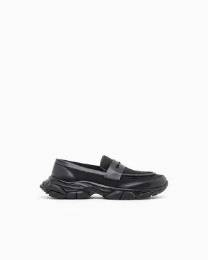 Giorgio Armani Loafers In Leather And Nylon With A Rubber Sole - Black