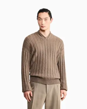 Giorgio Armani Wool Sweater With Shawl Collar And Rib Stitch - Beige