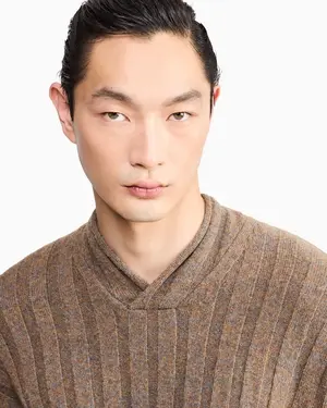 Giorgio Armani Wool Sweater With Shawl Collar And Rib Stitch - Beige