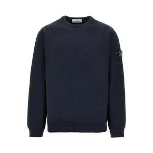 Stone Island Crewneck Cotton Weathirt With Logo Badge - Blue