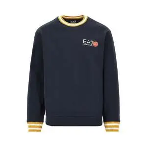 EA7 Cotton Weathirt With Logo Print - Blue