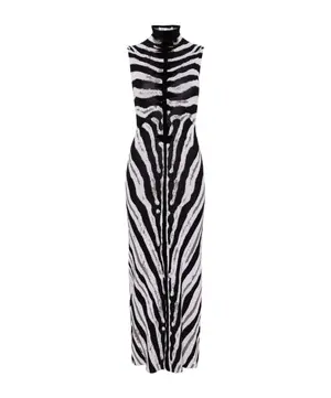 Attico Zebra Print Knitted High Neck Maxi Dress