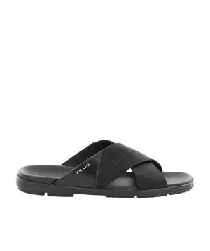 Prada Brushed Leather And Nylon Tape Crisscross Slides - Black
