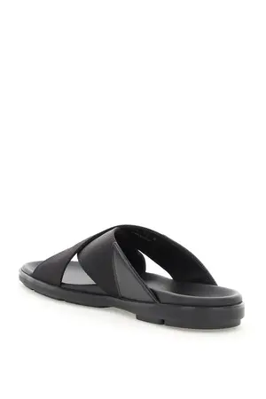 Prada Brushed Leather And Nylon Tape Crisscross Slides - Black