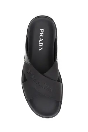 Prada Brushed Leather And Nylon Tape Crisscross Slides - Black