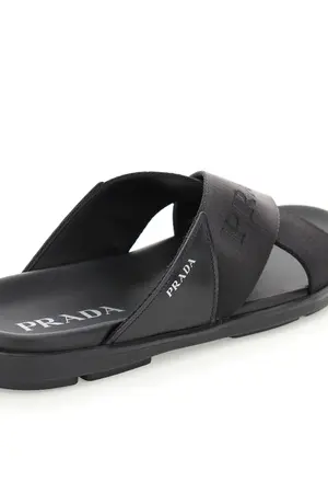 Prada Brushed Leather And Nylon Tape Crisscross Slides - Black