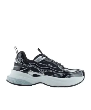 Emporio Armani Patent-leather Striped Sneakers - Black/silver