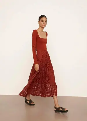 Vince A-line Lace Embroidered Midi Skirt