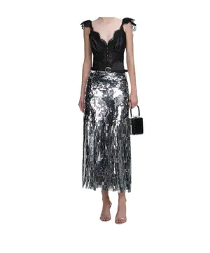 SELF-PORTRAIT Sequin Embellished Midi Skirt - Silver