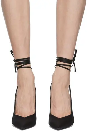 Attico Black Satin Slingback Ankle Strap Pumps