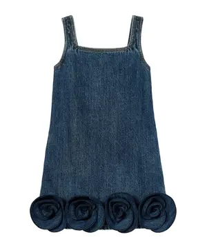 SELF-PORTRAIT Rose-appliqué Denim Dress - Blue