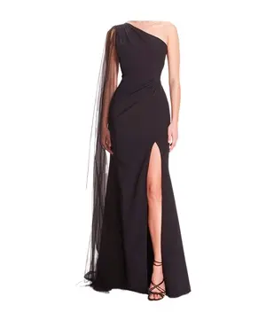 Marchesa One-shoulder Cape Gown - Black