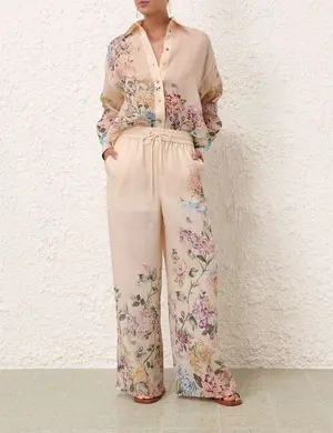 Zimmermann Halliday Relaxed Floral Print Linen Blend Pants - Nude