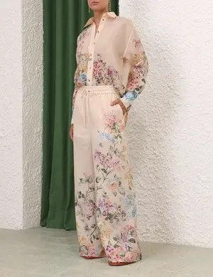 Zimmermann Halliday Relaxed Floral Print Linen Blend Pants - Nude