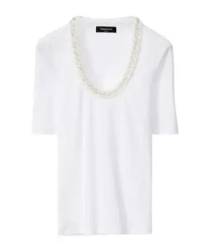 Fabiana Filippi U-neckline Jersey T-shirt With Tweed Trim - White
