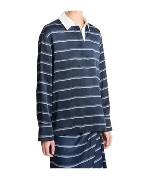 Vince Long Sleeve Striped Polo Shirt - Blue