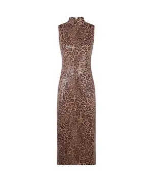 TWINSET Leopard Print Sequin Embroidered High Neck Midi Dress