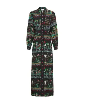 HAYLEY MENZIES Printed Maxi Silk Shirt Dress - Black