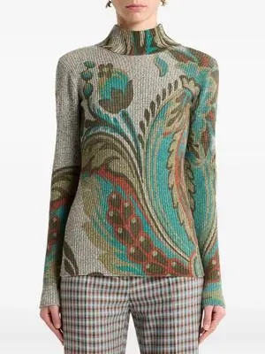 Etro Ribbed Wool Turtleneck Sweater With Daffodil Print