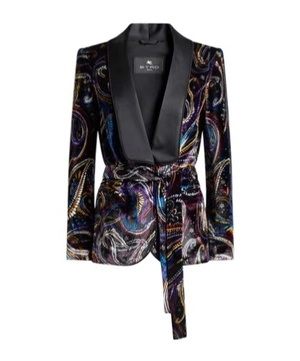 Etro Paisley Foliage Motif Belted Velvet Blazer - Black