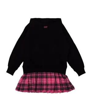 Off-White Pleated Checked Hooded Dress